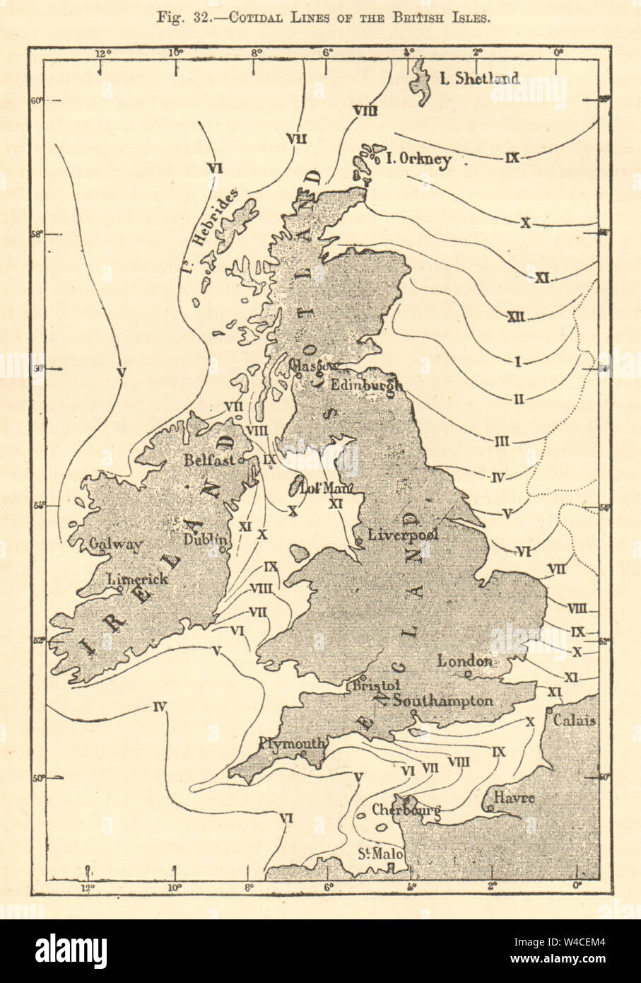 Cotidal lines of the British Isles. Sketch map 1886 old antique plan ...