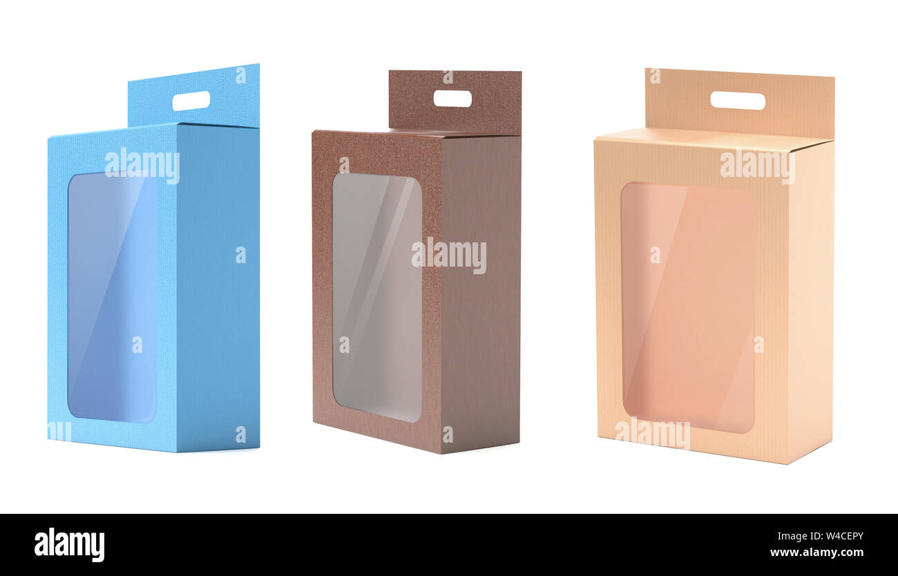 Box mock up set. Colored display boxes with transparent window. 3d ...