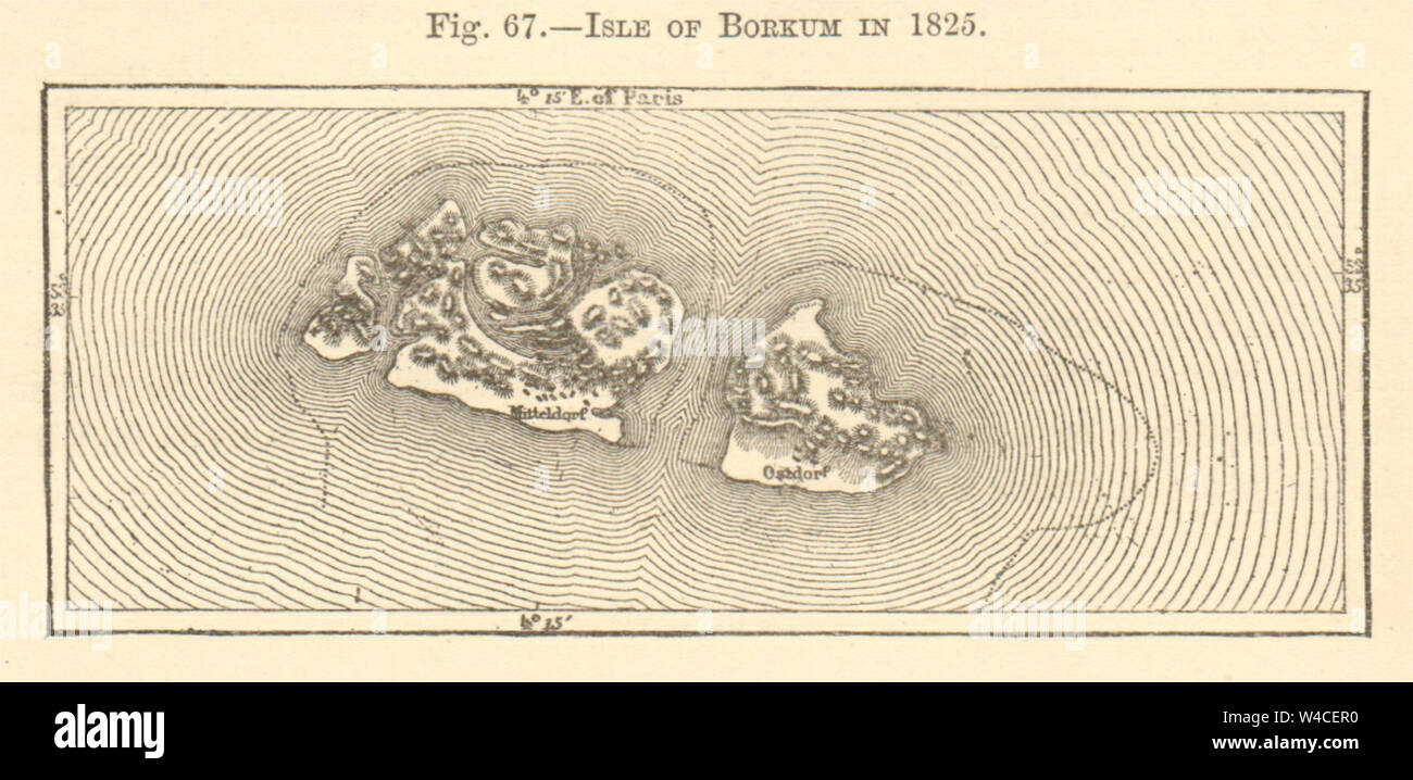 Isle of Borkum in 1825. Lower Saxony. SMALL sketch map 1886 old antique ...