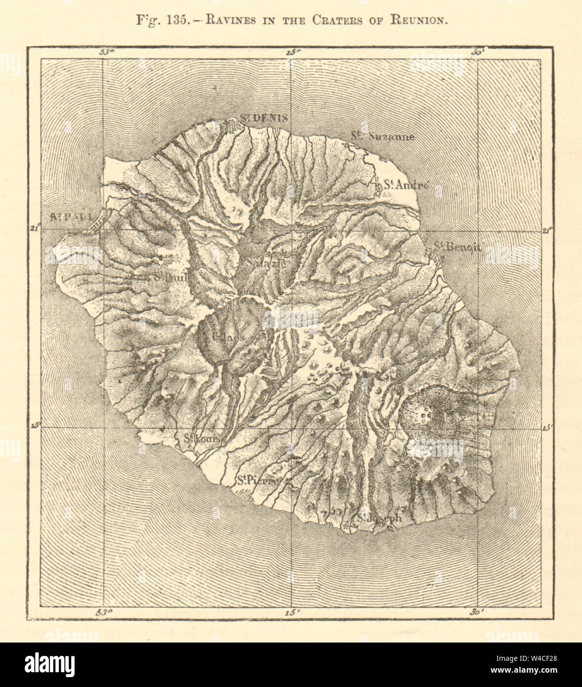 Ravines in the craters of Reunion. Réunion. Sketch map 1886 old antique ...