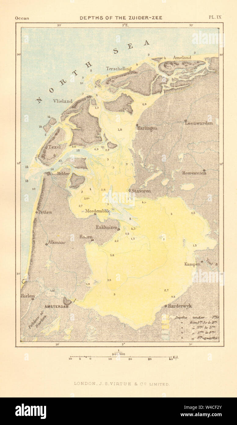 Depths of the Zuider-Zee. Netherlands. Sketch map 1886 old antique ...