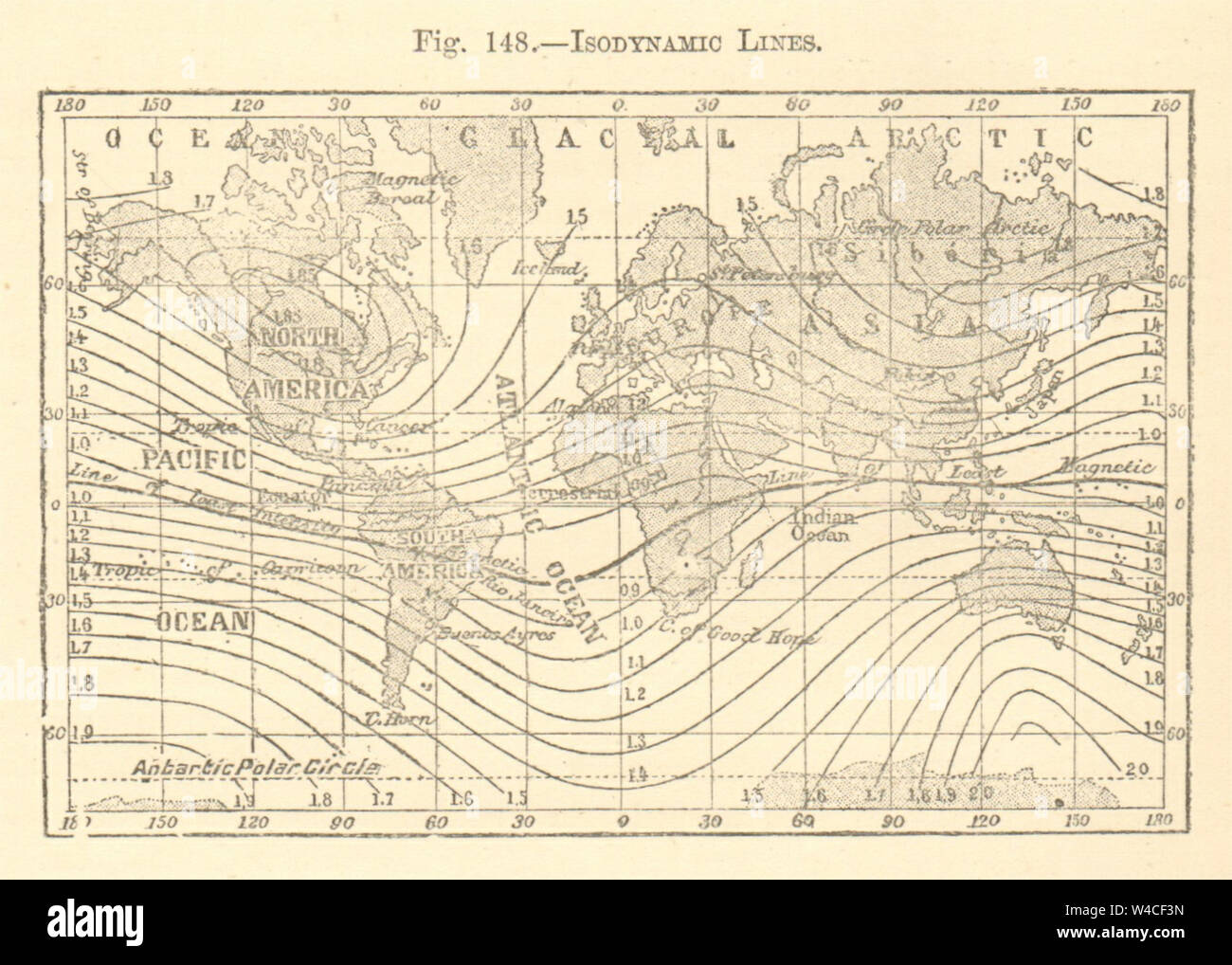Isodynamic Lines. World. SMALL sketch map 1886 old antique plan chart ...