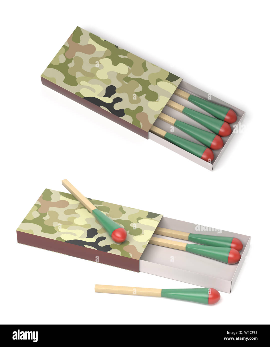 Matchsticks in a box with camouflage packaging. 3d rendering ...