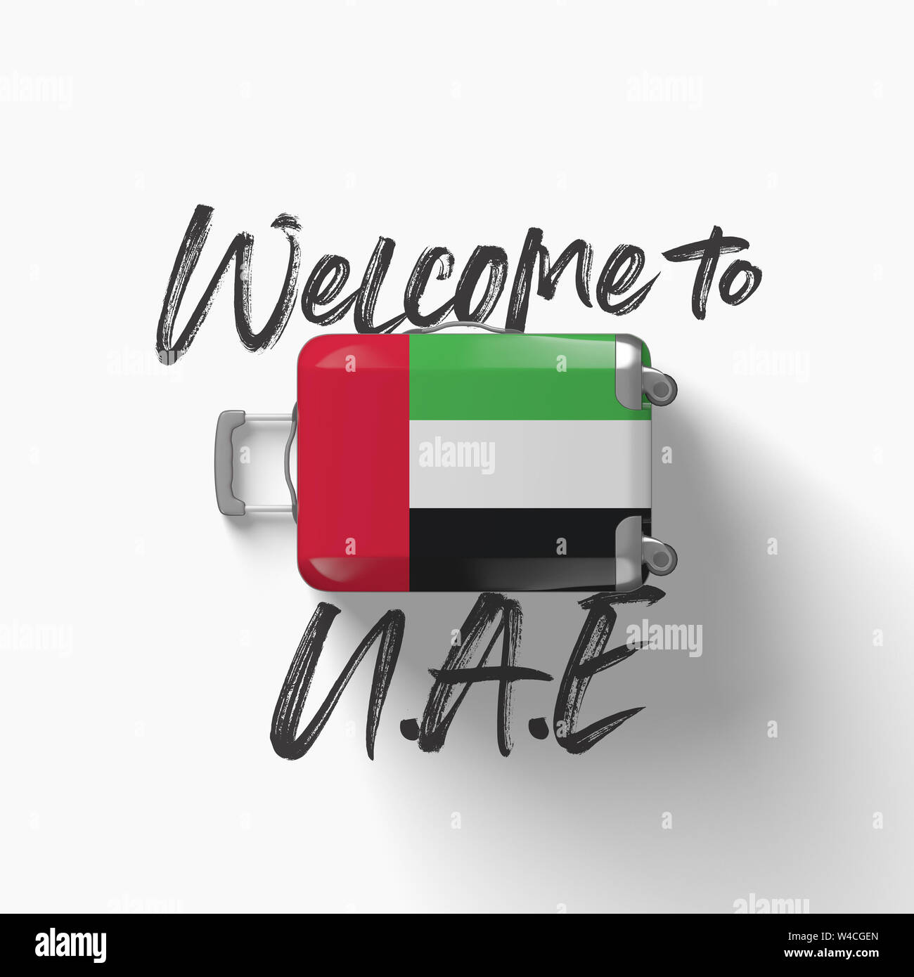 Welcome to U.A.E. national flag on a travel suitcase. 3D Render Stock ...