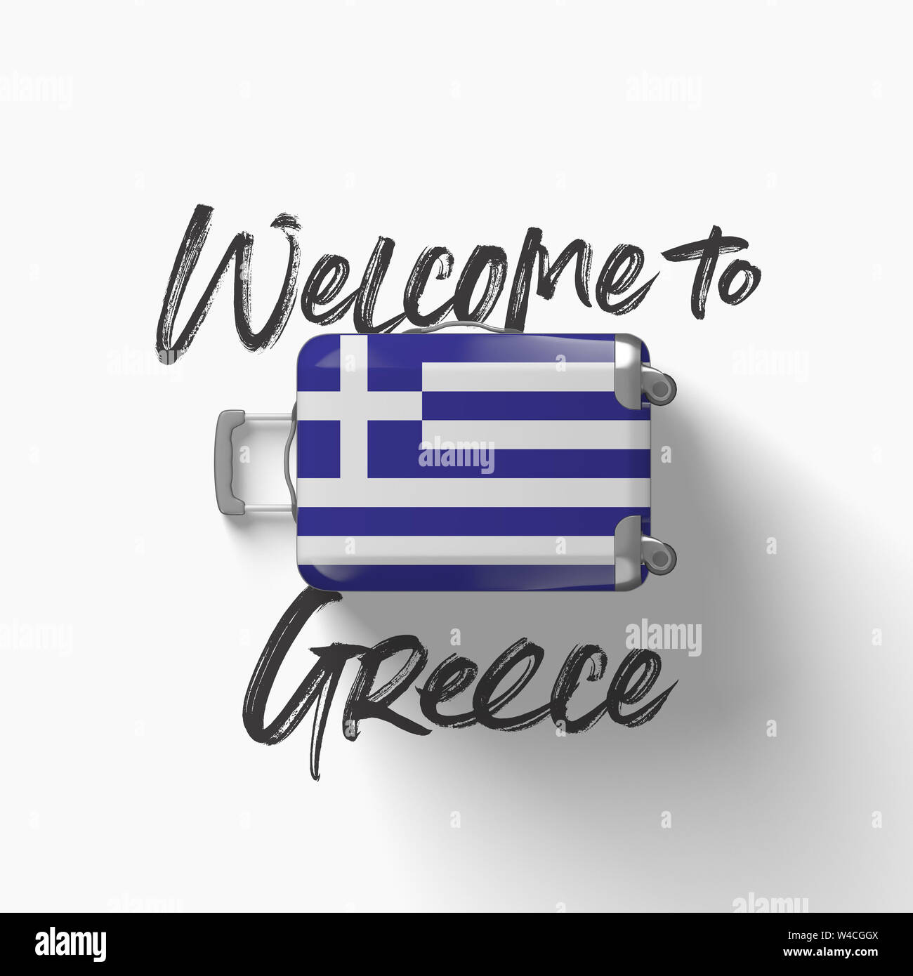 Welcome to Greece. national flag on a travel suitcase. 3D Render Stock ...