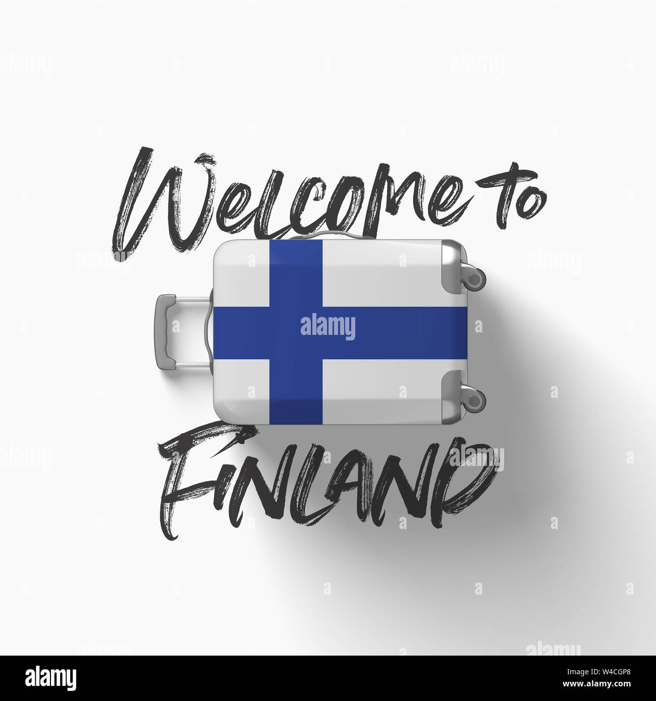 Welcome to Finland. national flag on a travel suitcase. 3D Render Stock ...