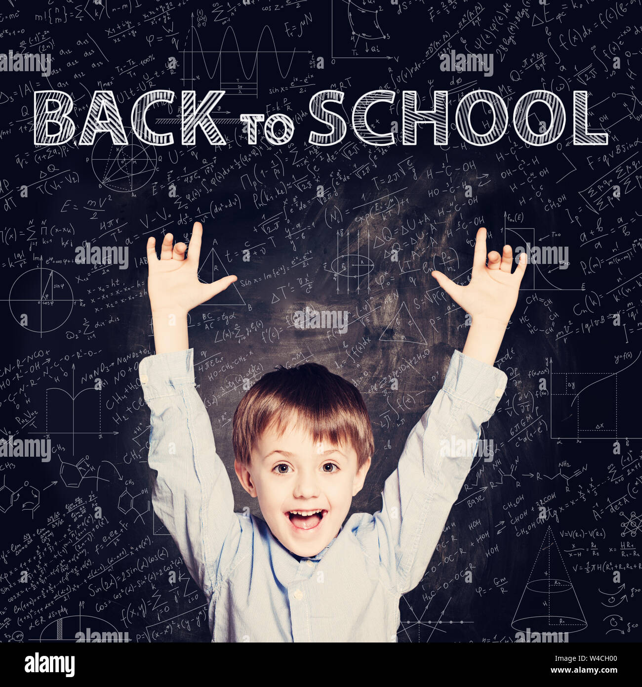 Smiling Student child thinking on chalkboard. Back to school background ...