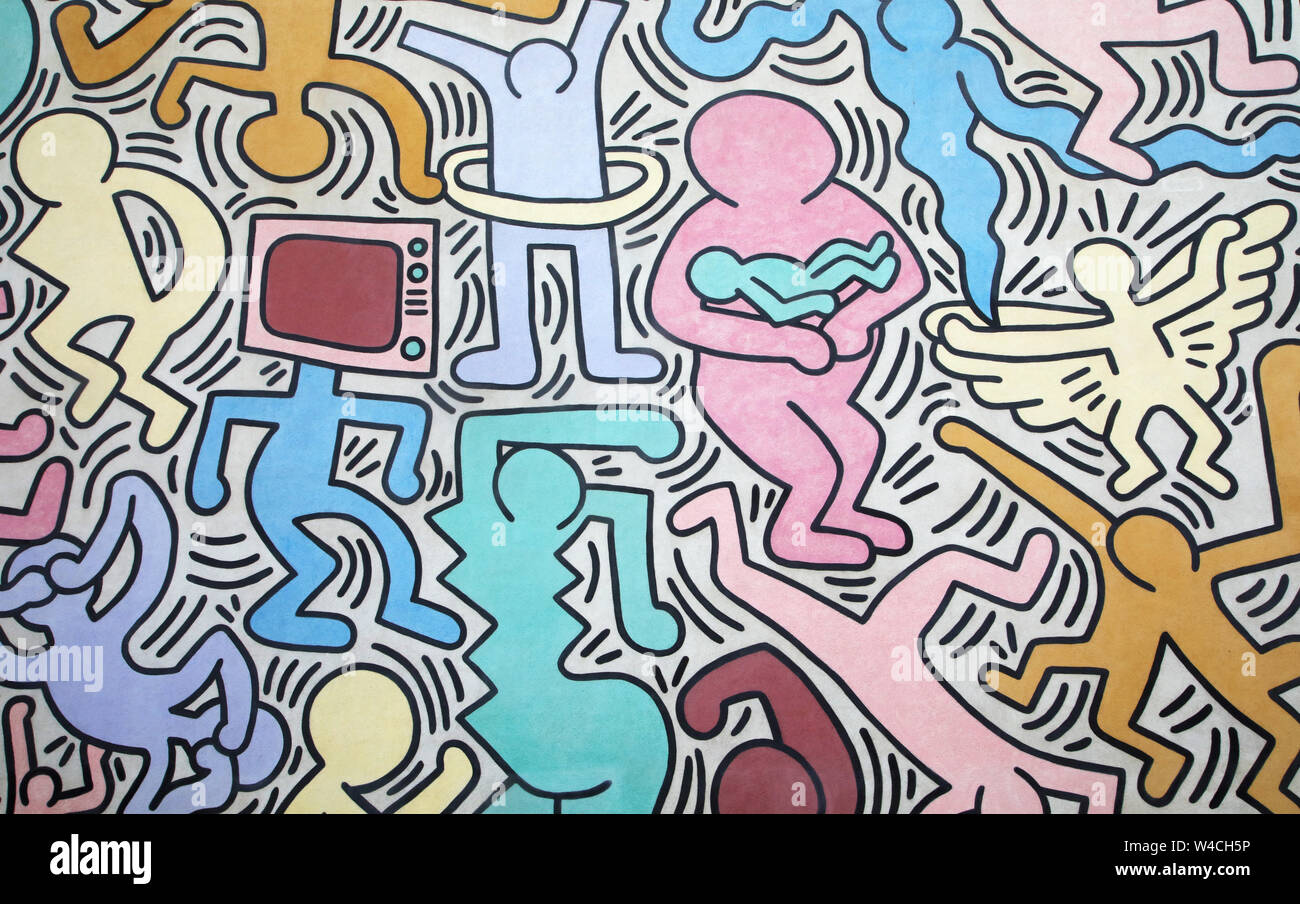 Figures painted by Keith Haring, horizontal. Detail from a huge outdoor ...
