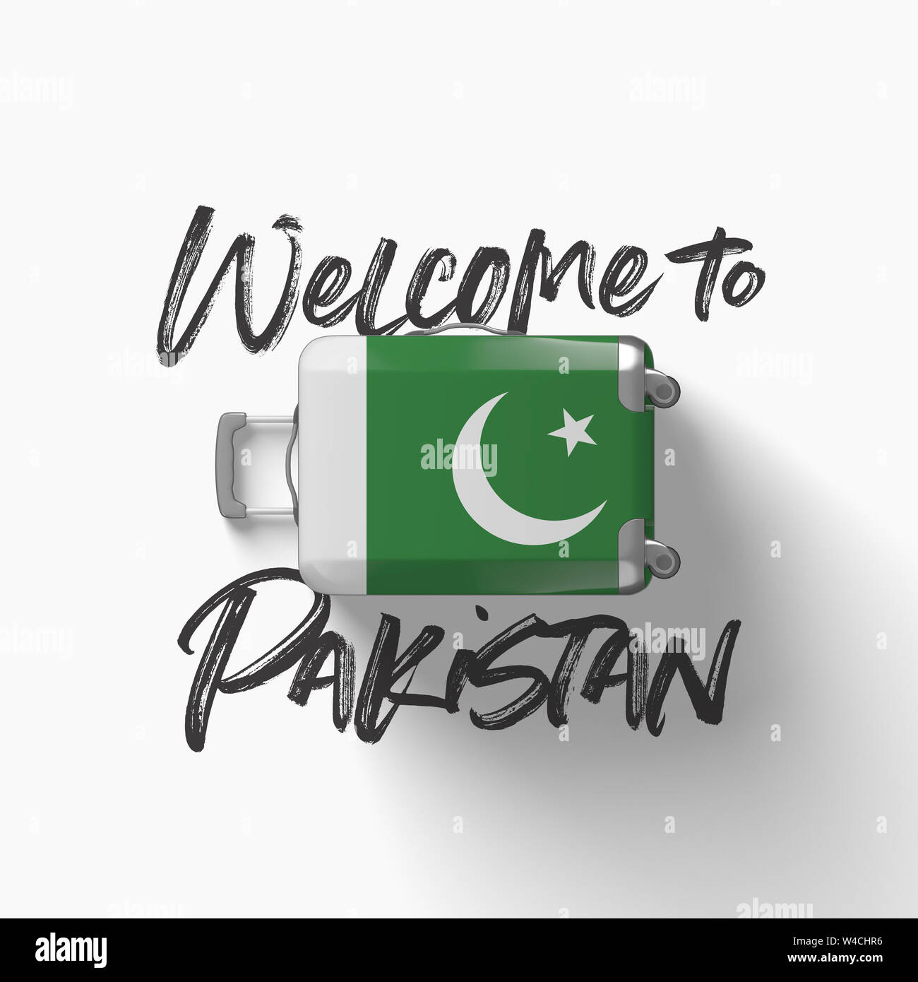 Welcome to Pakistan. national flag on a travel suitcase. 3D Render ...