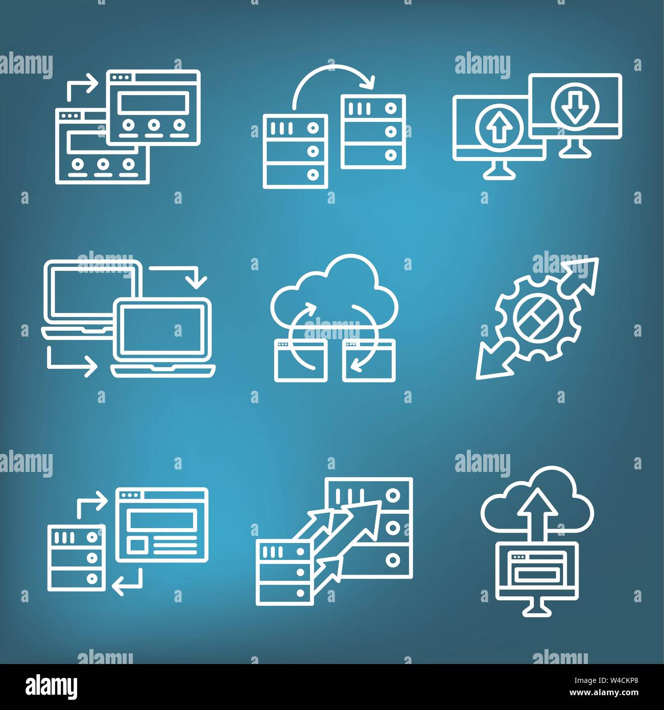 Website Data Transfer Icon Set w laptops, arrows, and imagery of ...