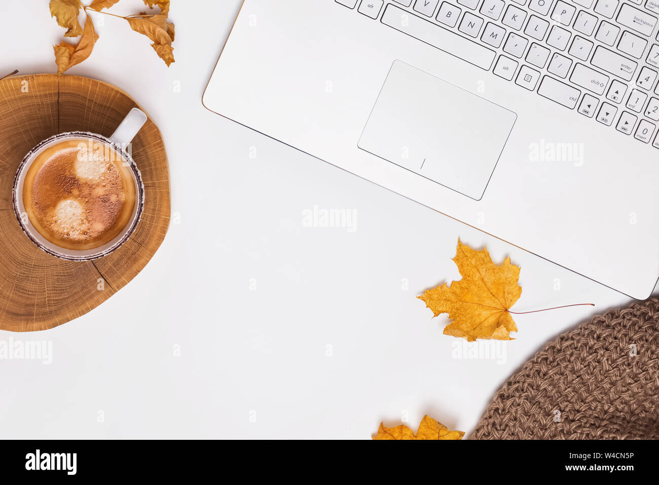 Autumn workplace concept with coffee and yellow leaves, top view Stock ...