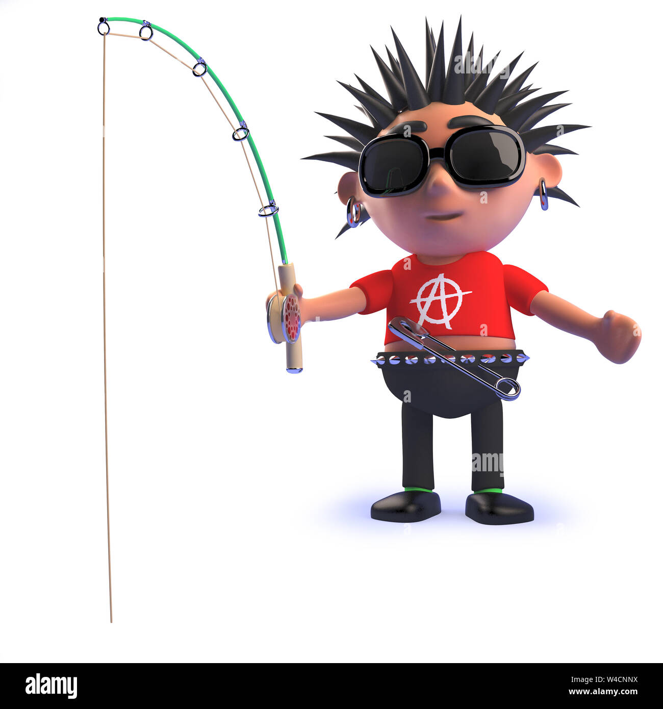Rendered image of a 3d cartoon rotten punk rocker character fishing ...