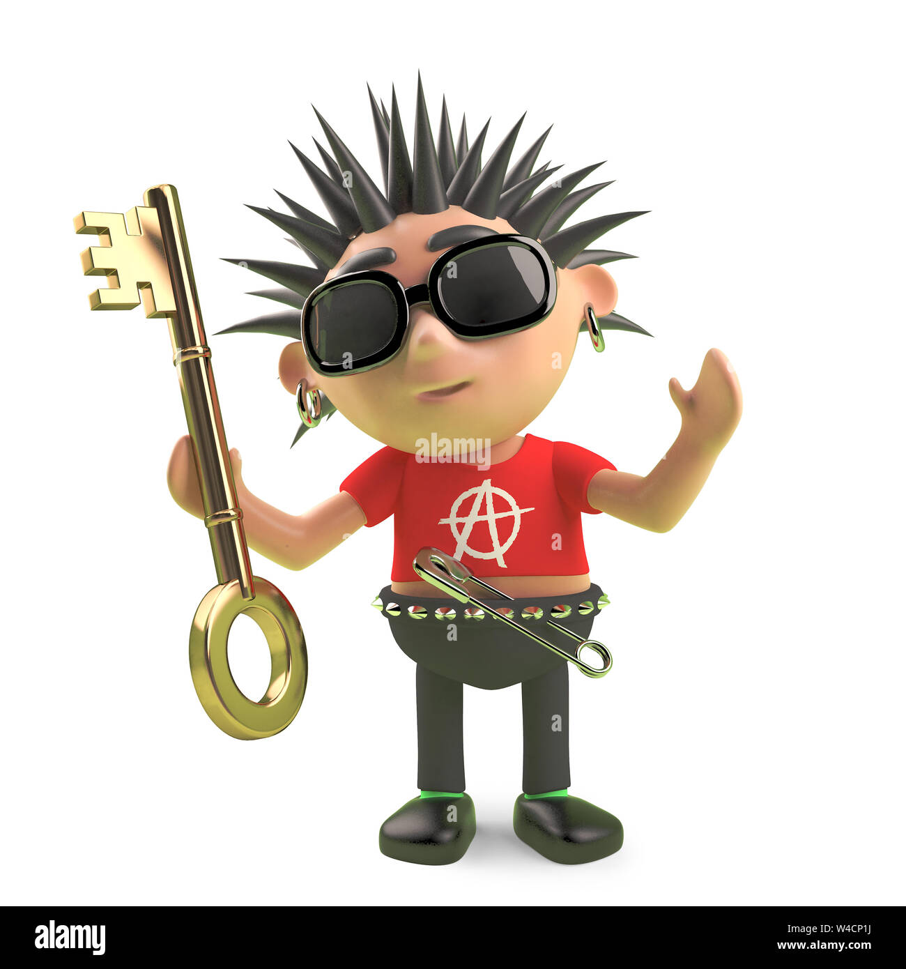 Spiky punk rock cartoon character holding a gold key, 3d illustration ...