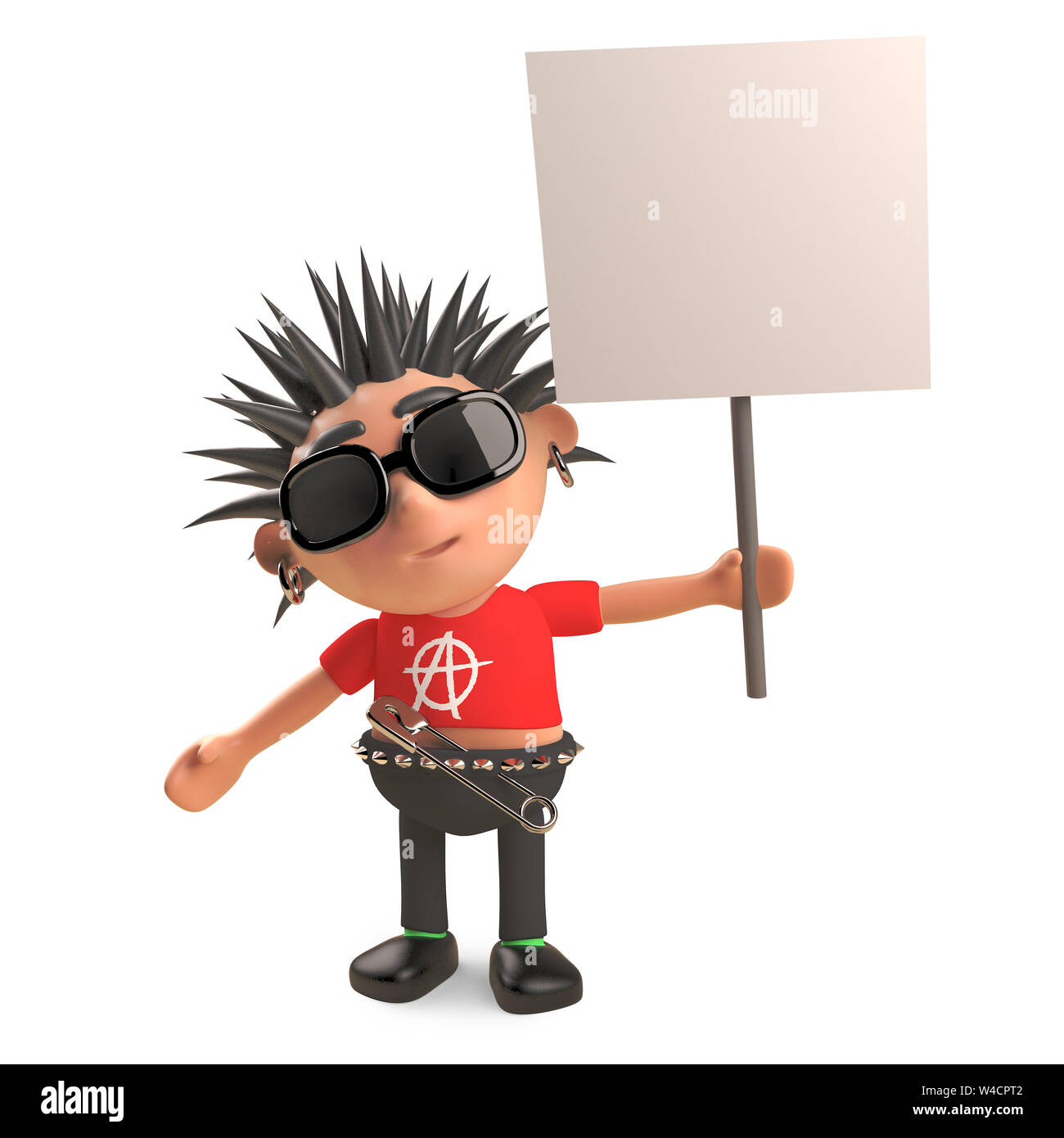 Angry punk rocker protests with his blank placard, 3d illustration ...