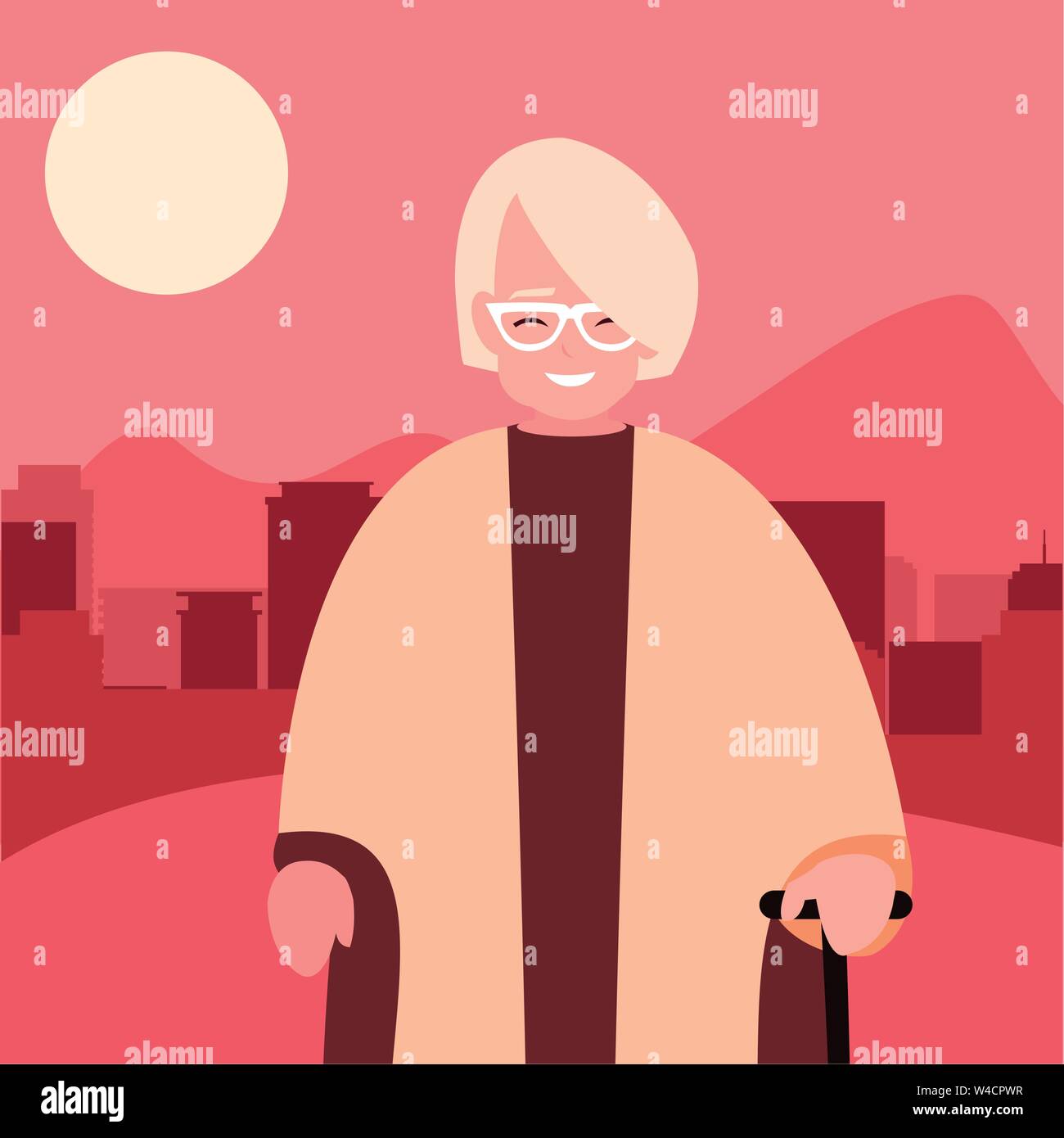 cute grandma with walk stick outdoors vector illustration Stock Vector ...