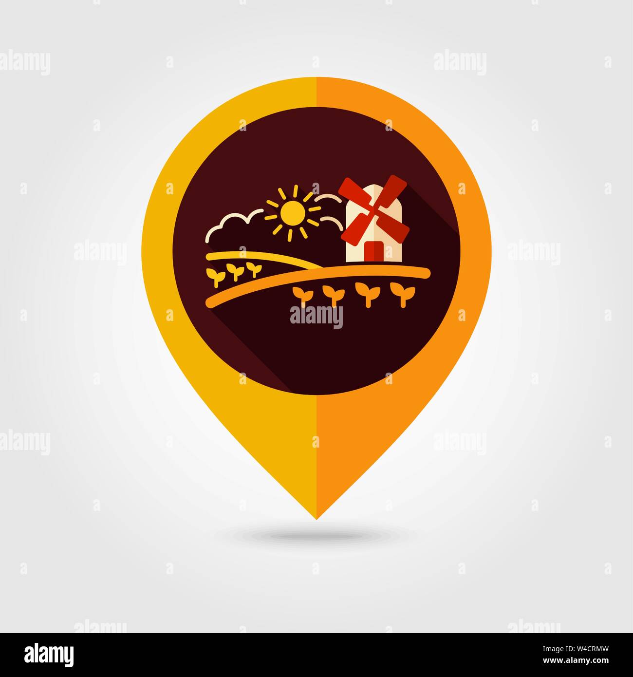 Rural landscape with windmill flat vector pin map icon. Map pointer ...