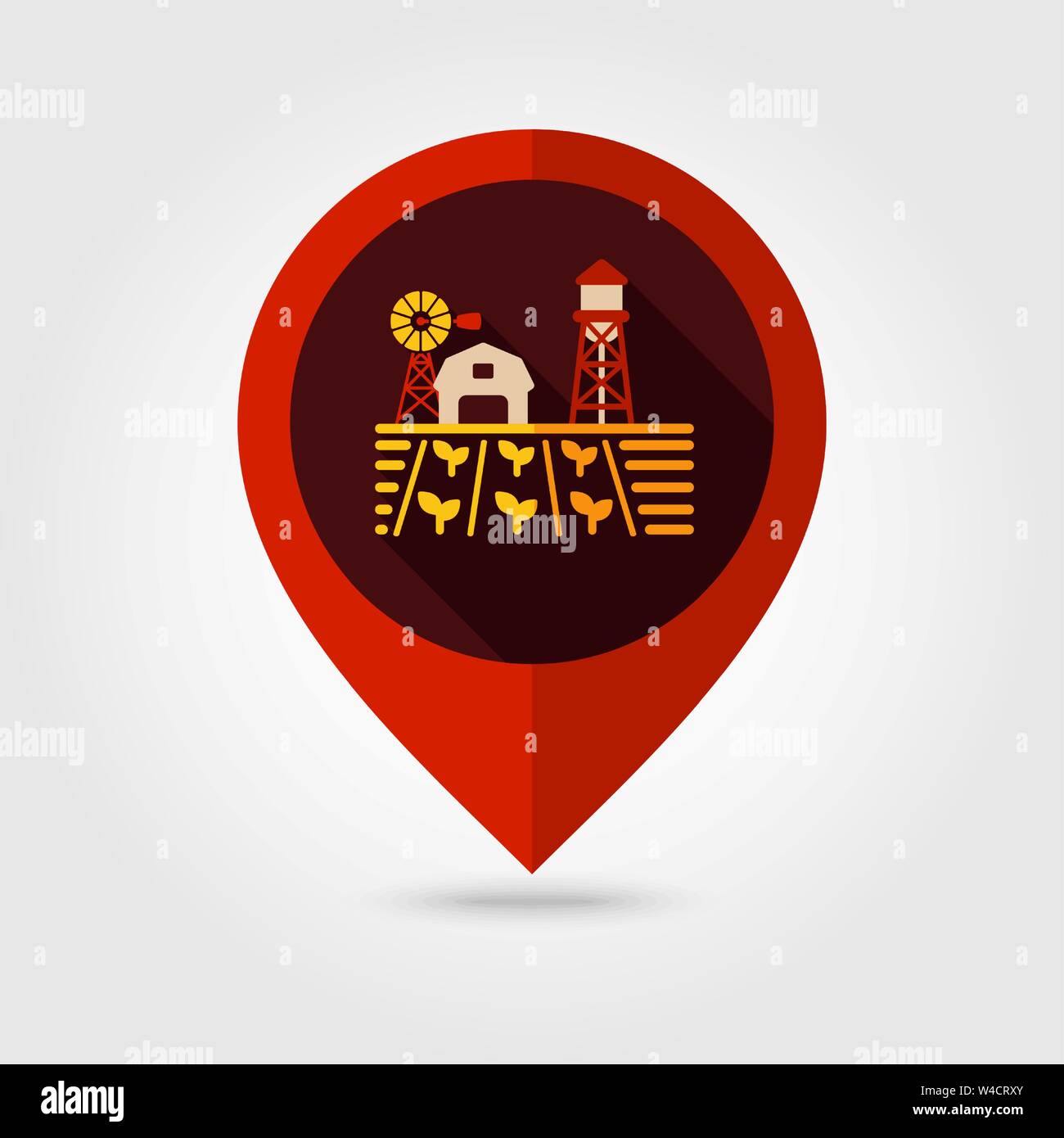 Farm landscape with barn, windpump, seedling and water tower flat ...