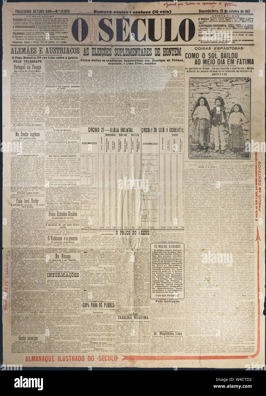 Portada del diario "O Século" sobre el milagro del sol, 15 de octubre ...