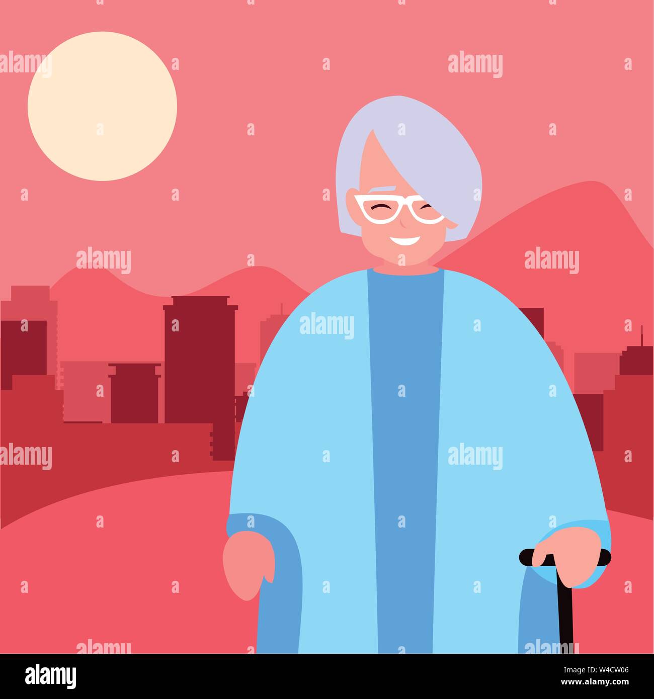 cute grandma with walk stick outdoors vector illustration Stock Vector ...