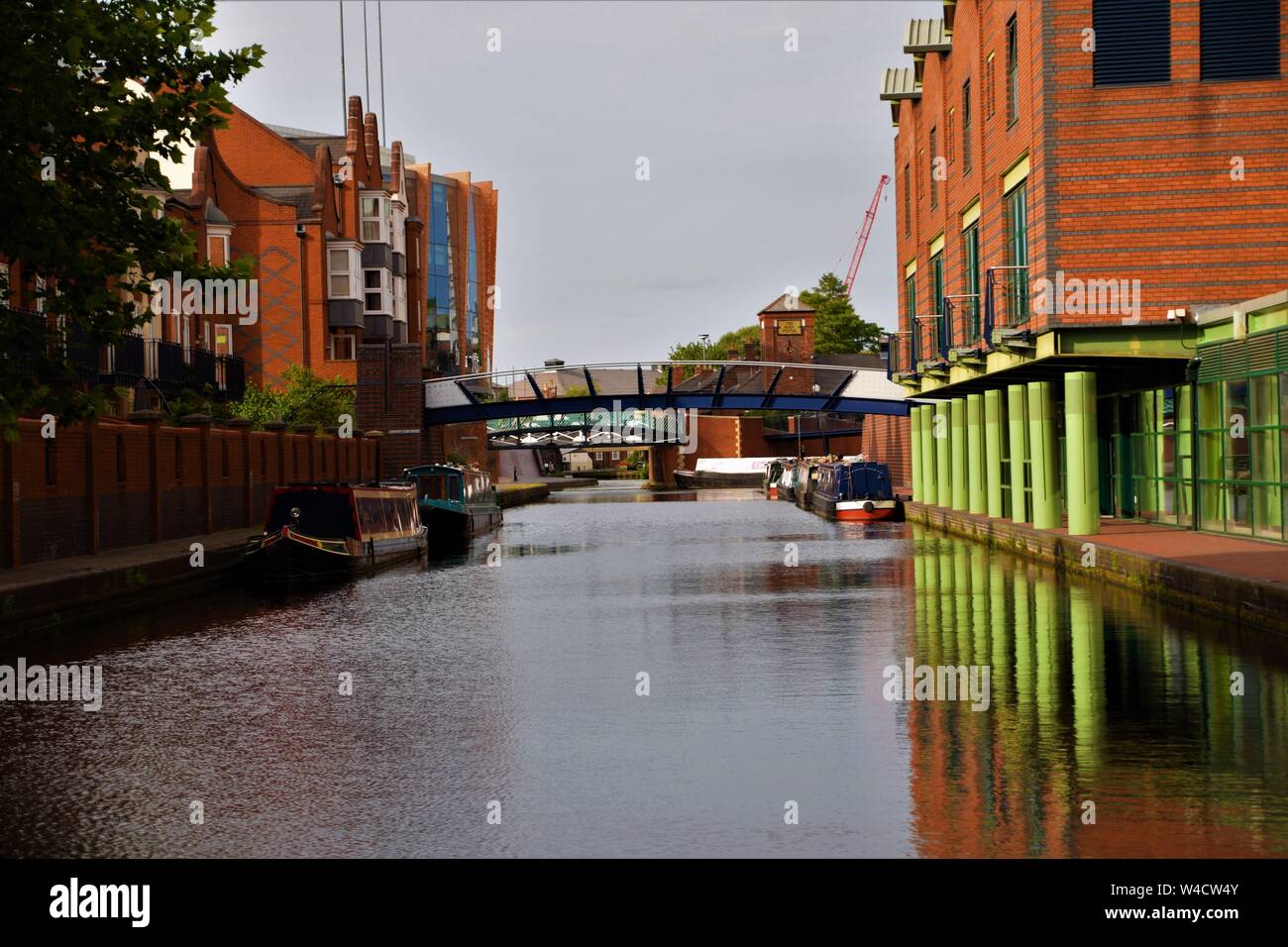 Birmingham England canal views moored narrow boats, bridges over the ...