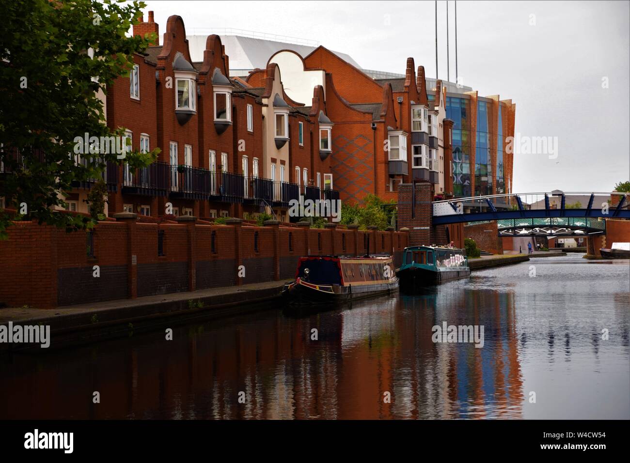 Birmingham England canal views moored narrow boats, bridges over the ...