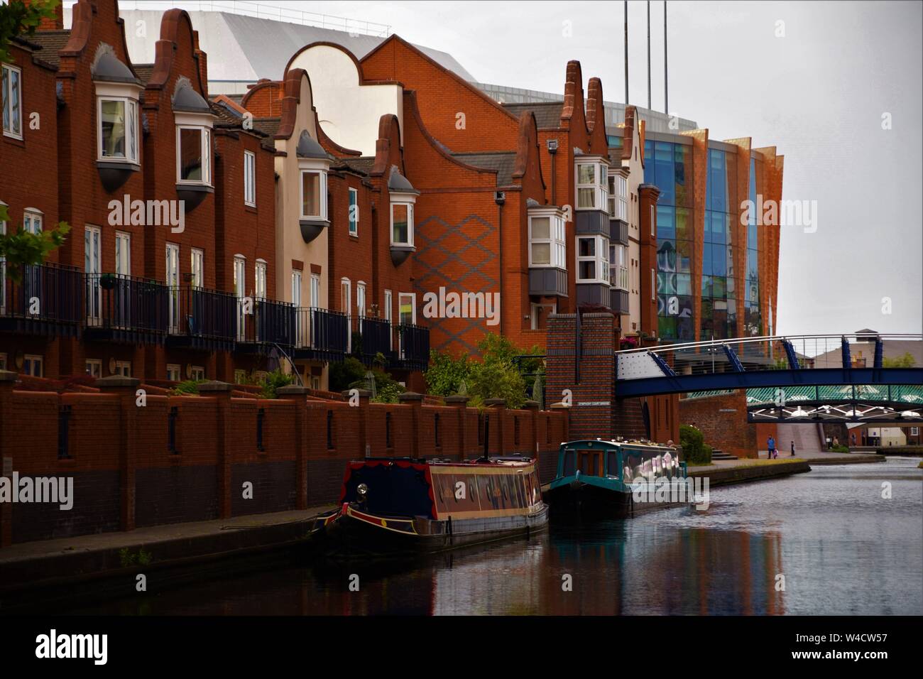 Birmingham England canal views moored narrow boats, bridges over the ...