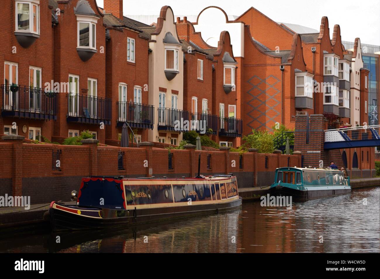 Birmingham England canal views moored narrow boats, bridges over the ...