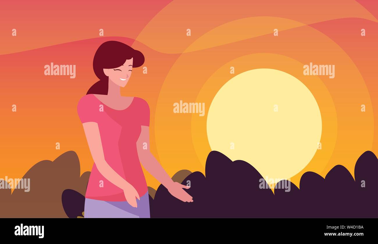 woman standing outdoors sunset landscape vector illustration Stock ...