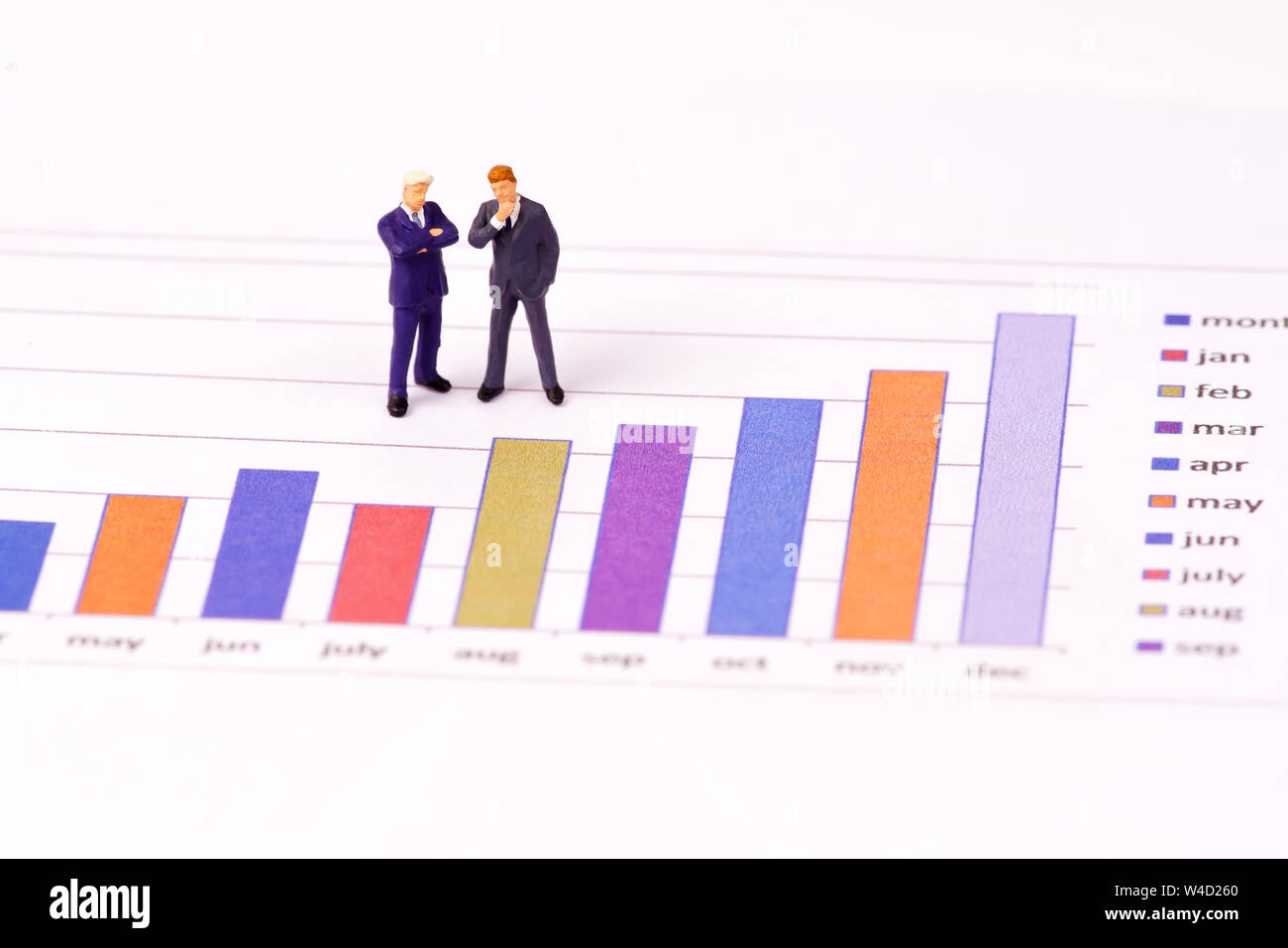 Miniature figure business people looking at bar graph chart Stock Photo ...