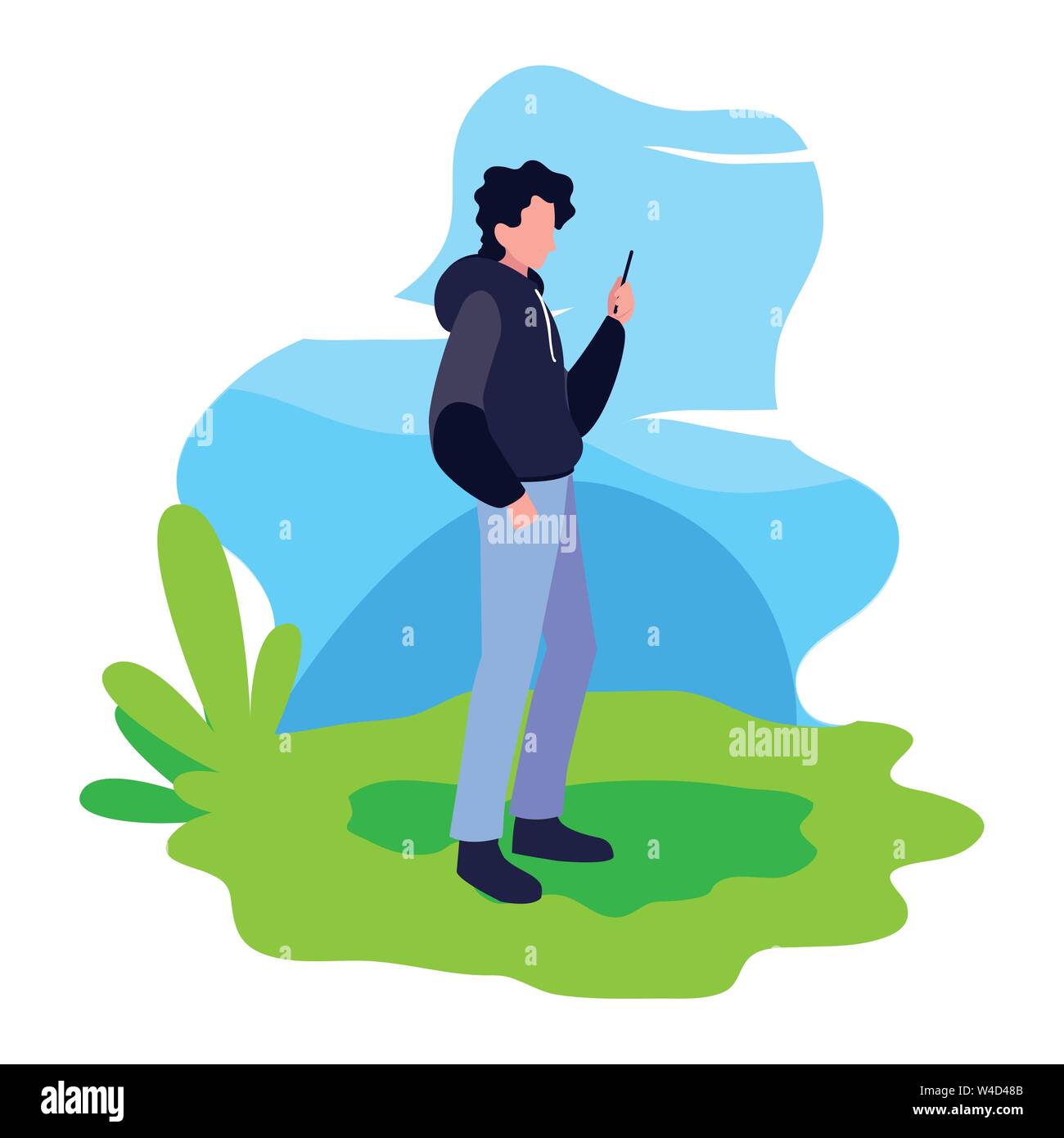 man using smartphone in the landscape vector illustration Stock Vector ...