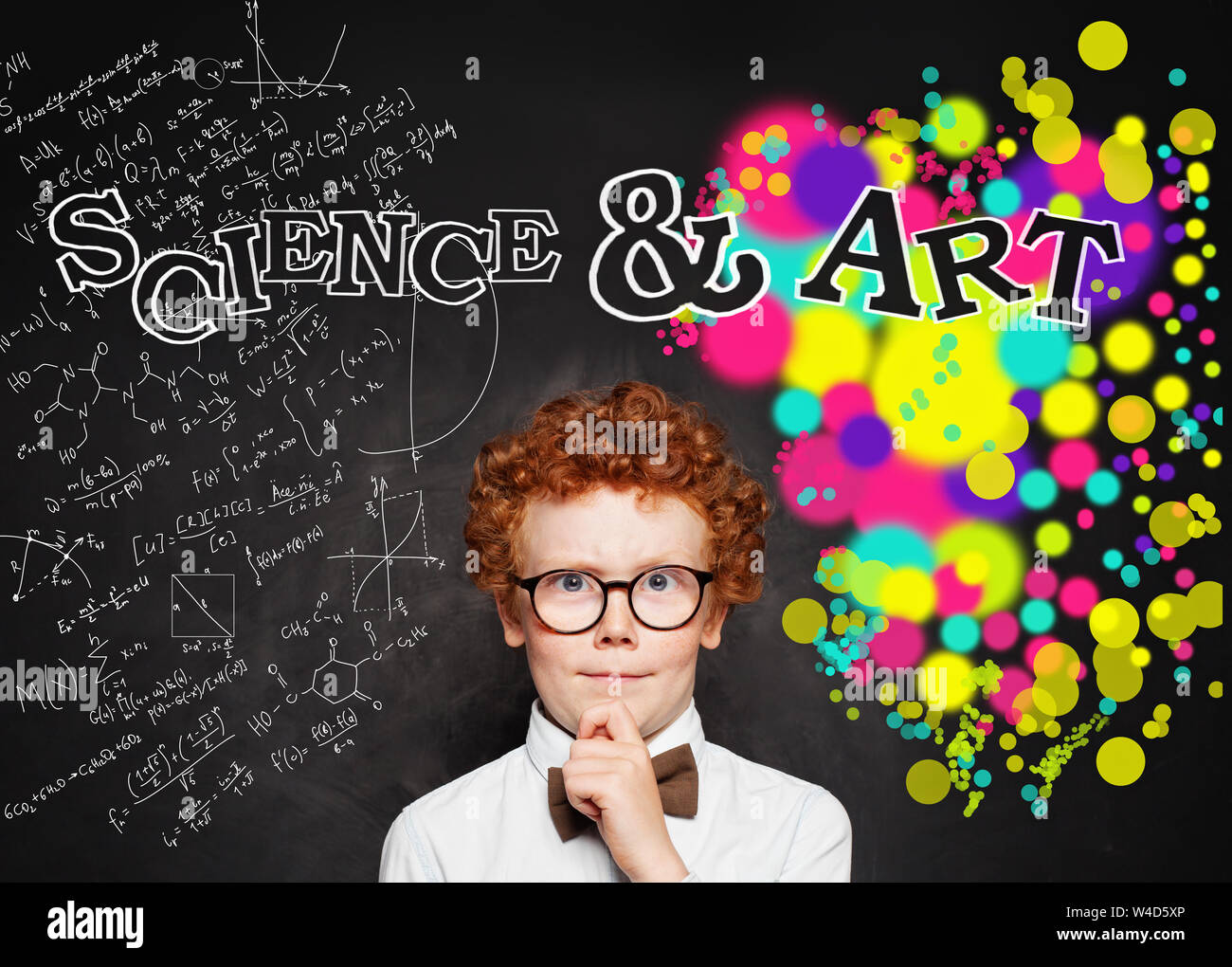 Portrait of clever kid on science and arts background Stock Photo - Alamy