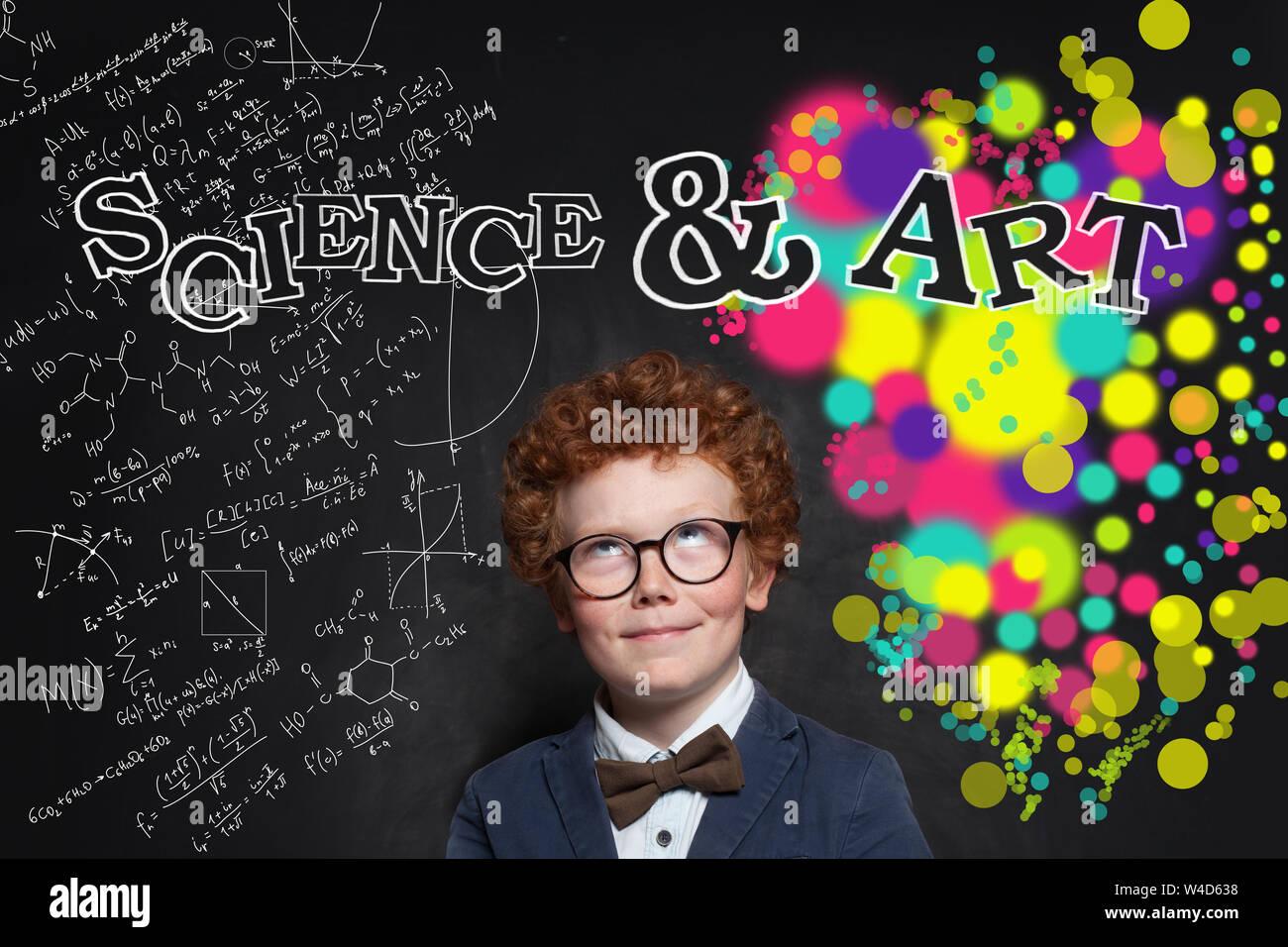 Curious child looking at science and art inscription Stock Photo - Alamy