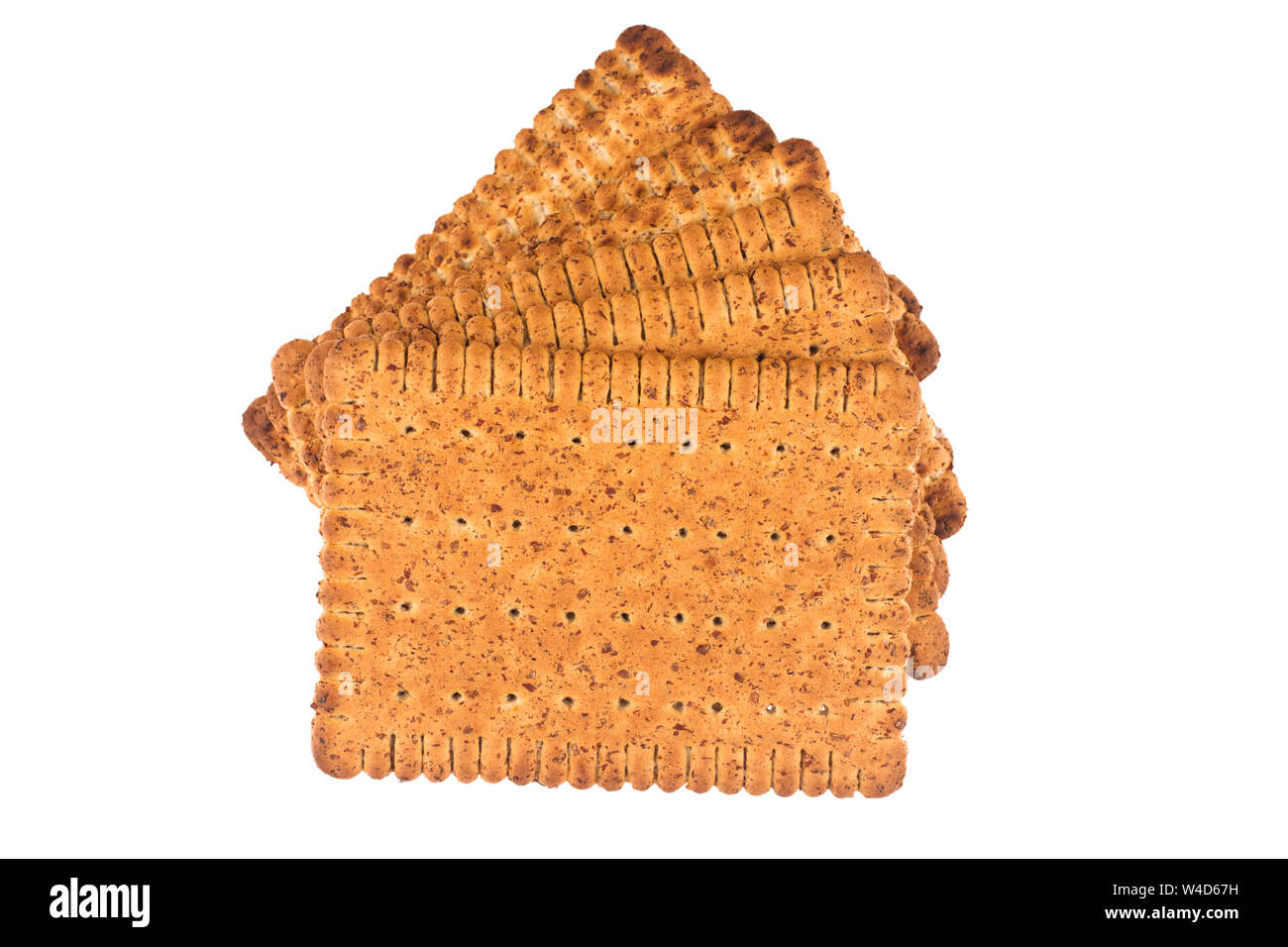 closeup of stack of square shaped wholegrain brown biscuit isolated on ...