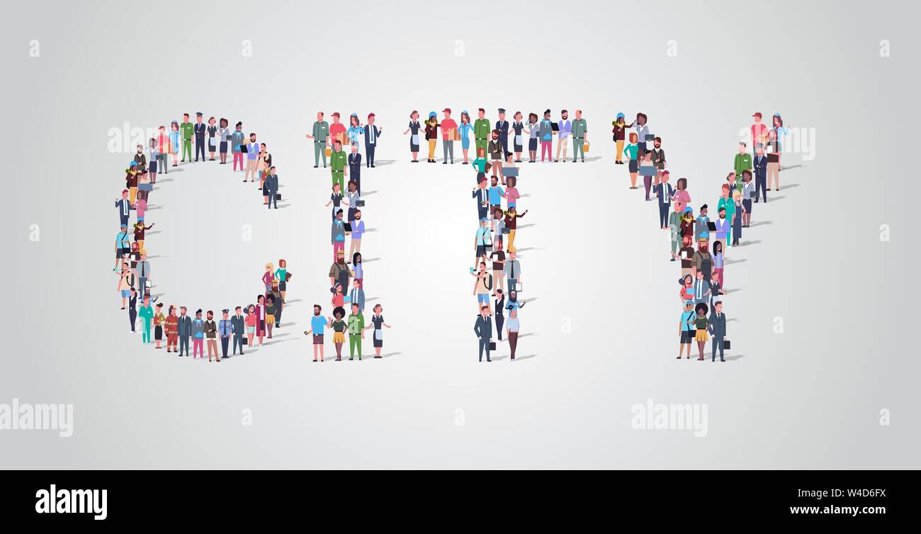 people crowd gathering in shape of city word different occupation ...