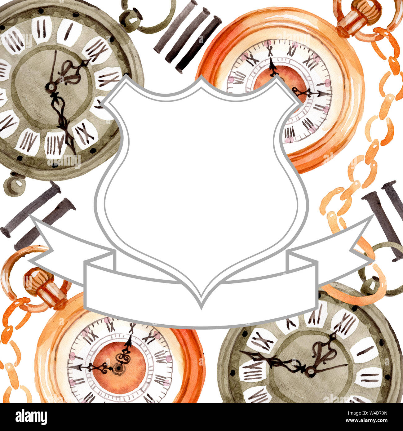 Vintage old clock pocket watch. Watercolor background illustration set ...