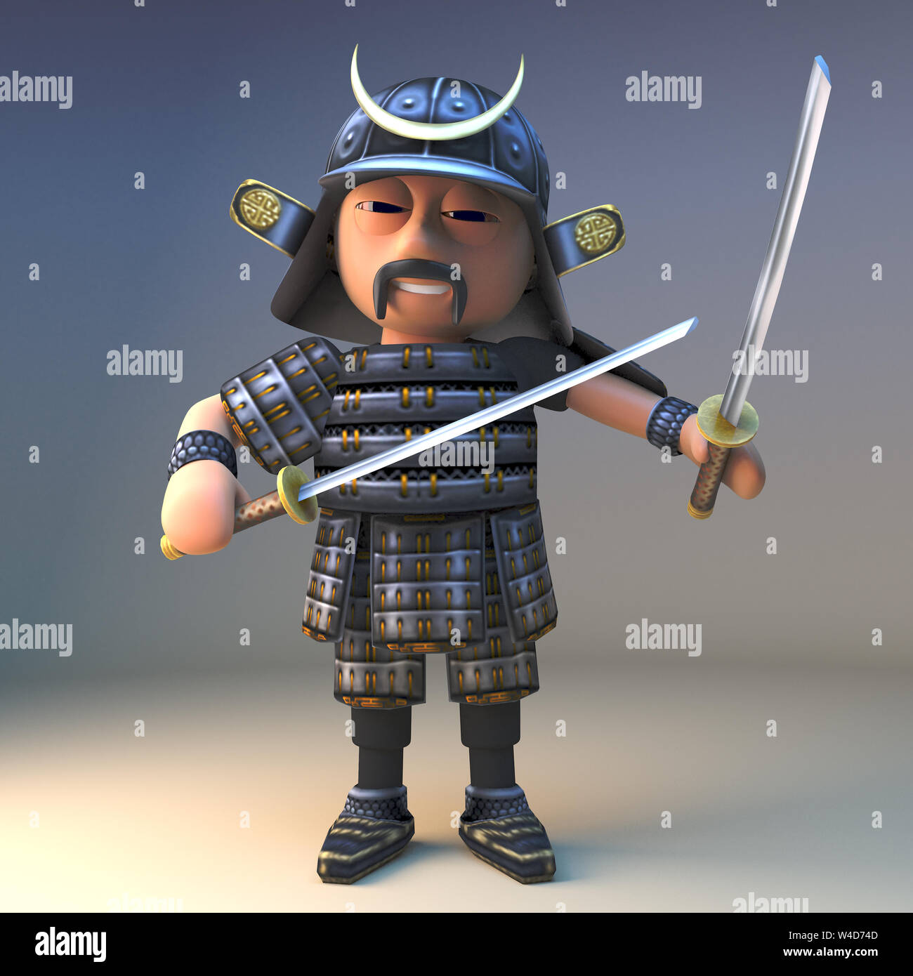 Adept Japanese samurai warrior wielding two katana blades, 3d ...