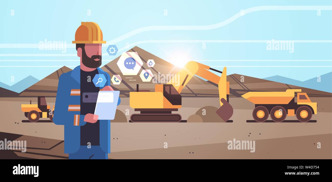 open pit man worker in helmet using mobile app excavator loading soil ...