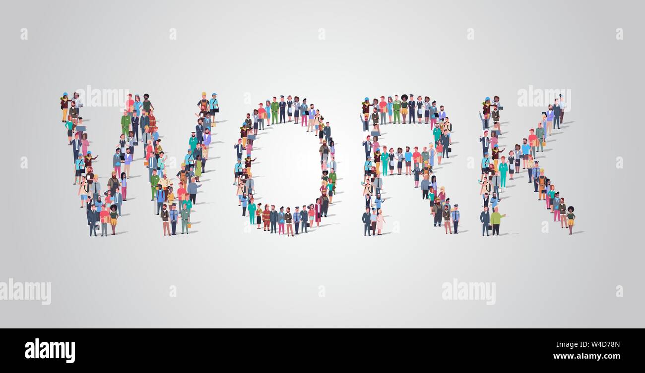 people crowd gathering in shape of work word different occupation ...