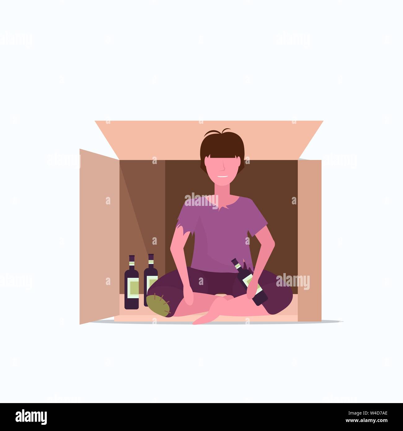 sad man drunk beggar sitting in cardboard box with bottle of alcohol ...