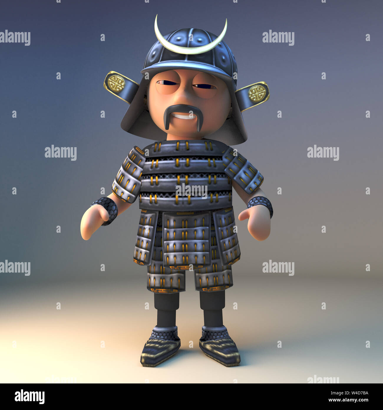 Relaxed Japanese samurai warrior with arms to side, 3d illustration ...