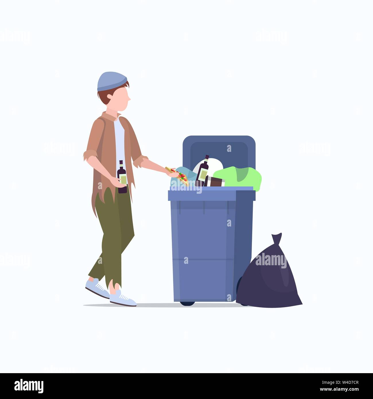 poor man beggar holding bottle of alcohol tramp searching food and ...