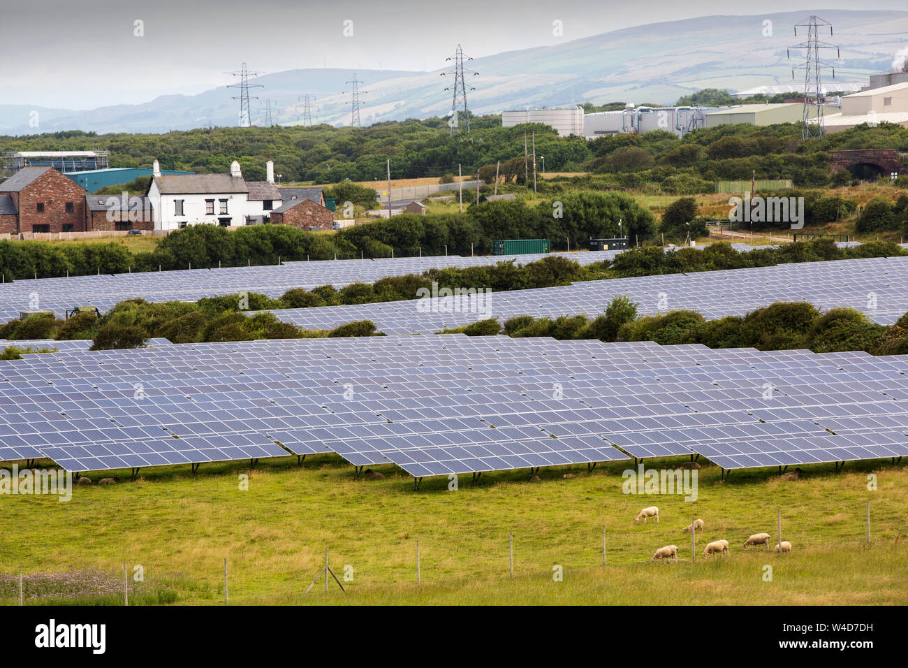 A solar farm and wind turbines next to a manufacturing plant in Barrow ...