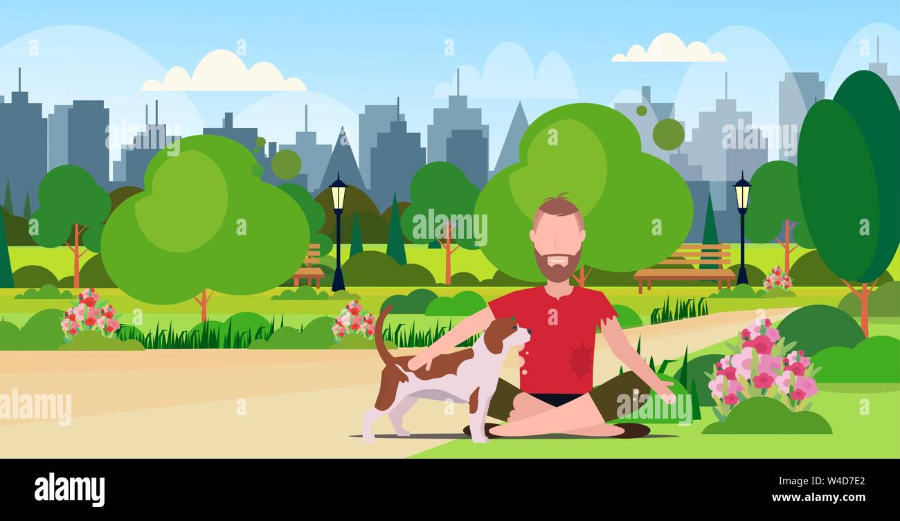 poor bearded man with dog sitting in urban park beggar guy begging for ...