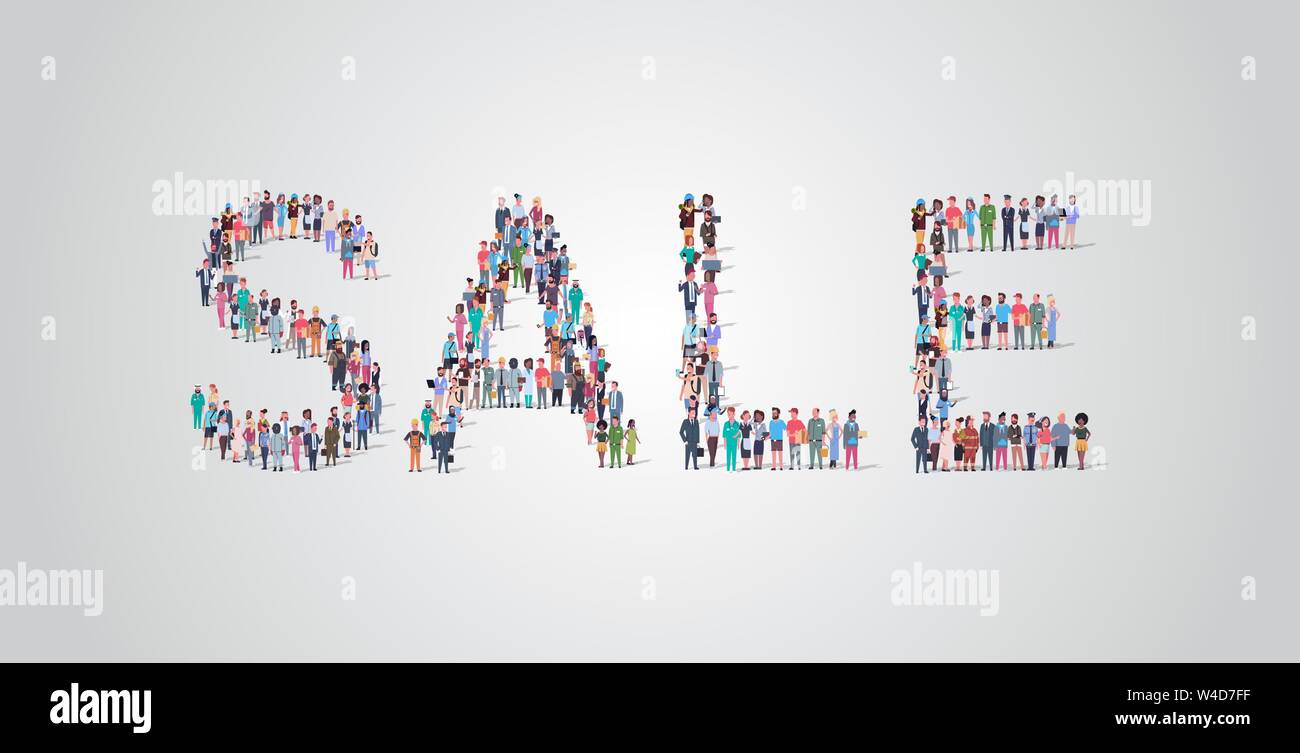 people crowd gathering in shape of sale word different occupation ...