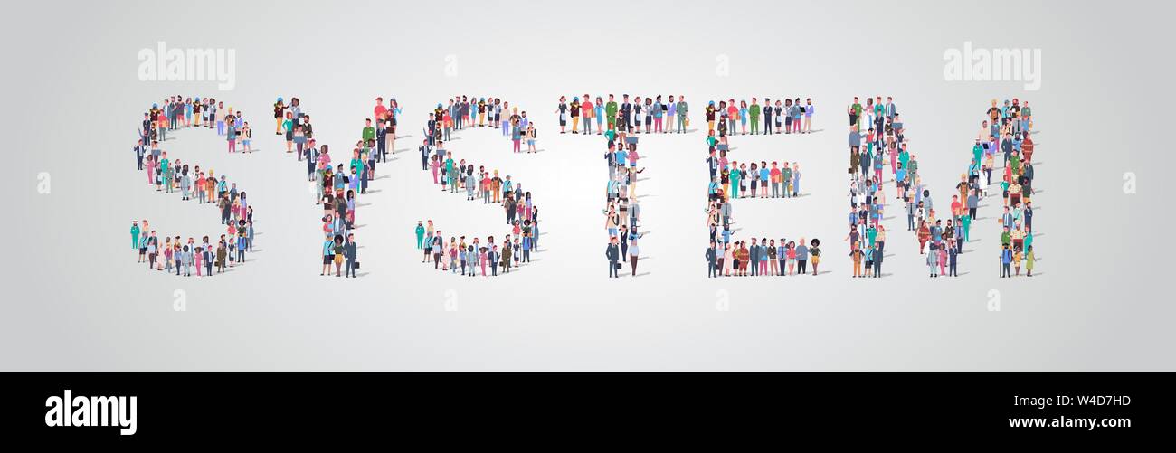 people crowd gathering in shape of system word different occupation ...