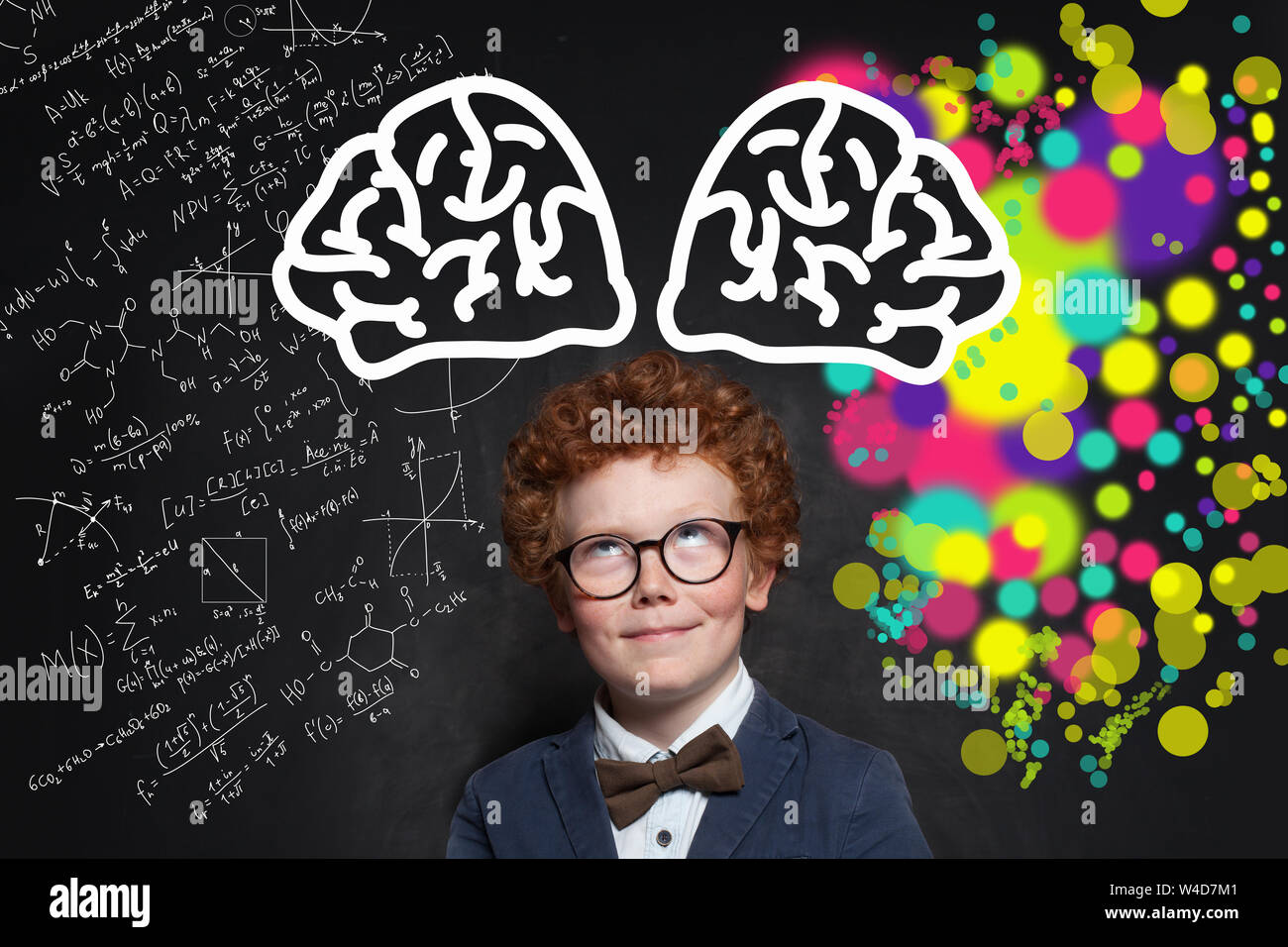 Studious smart kid on science and arts background Stock Photo - Alamy