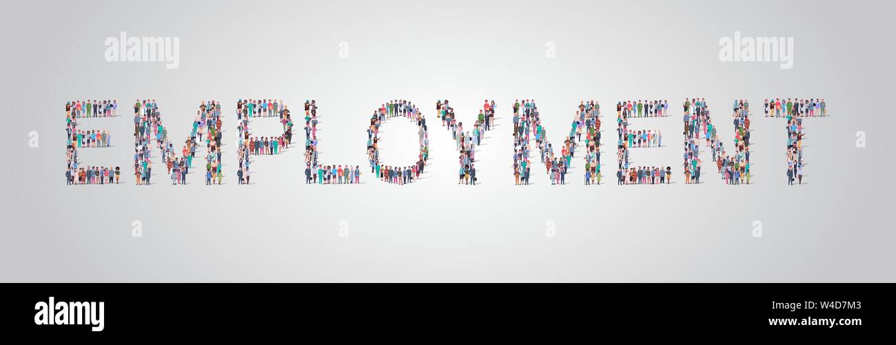 people crowd gathering in shape of employment word different occupation ...