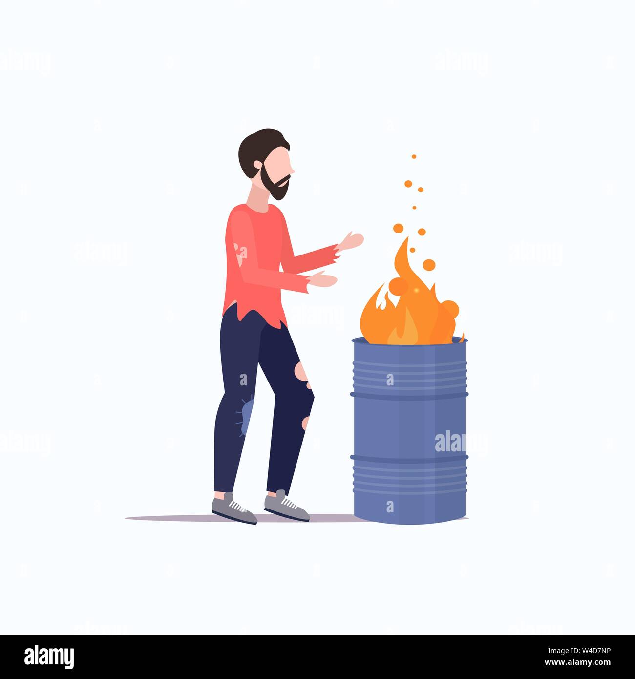 poor man warming by fire beggar guy standing near burning garbage in ...