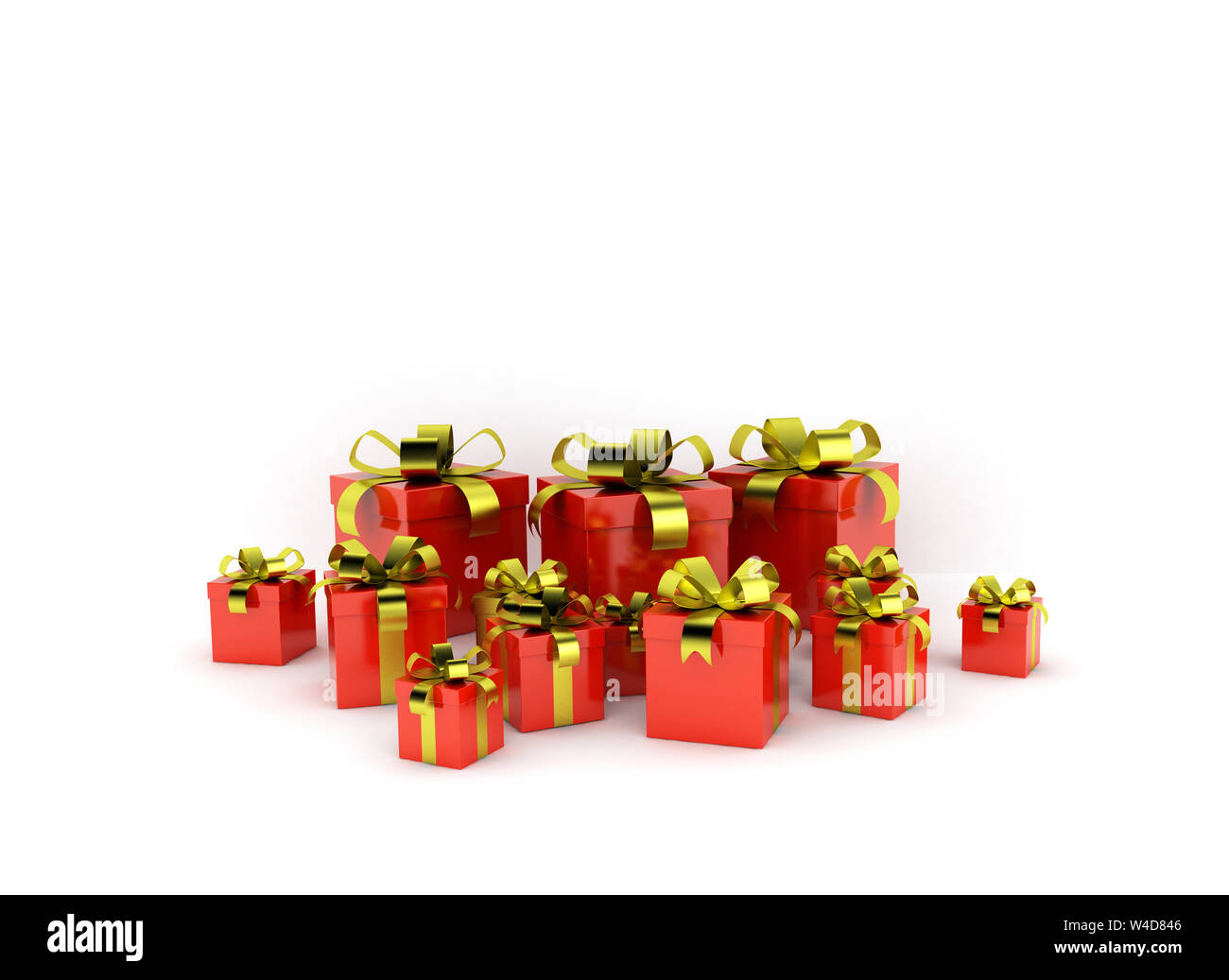 Group of red gift boxes with gold ribbon on white background. 3D ...