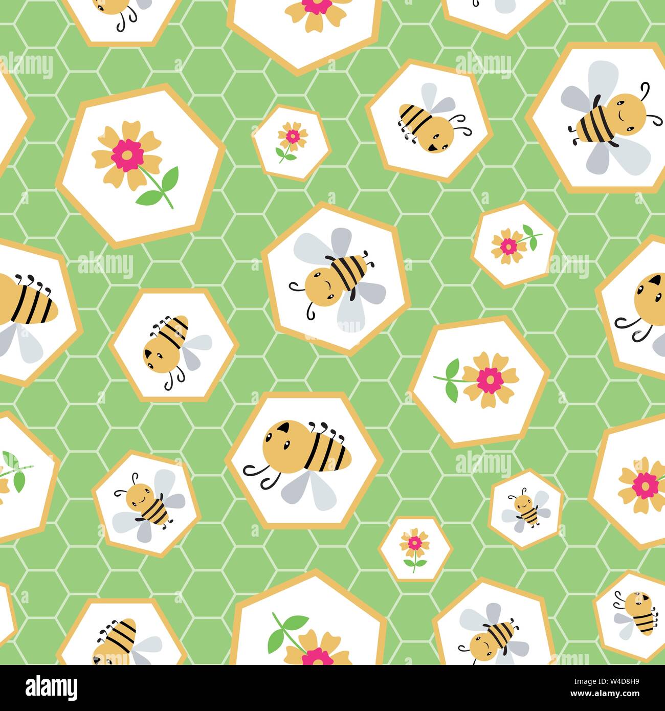 Cute cartoon honey bees and flowers in random honeycomb design ...